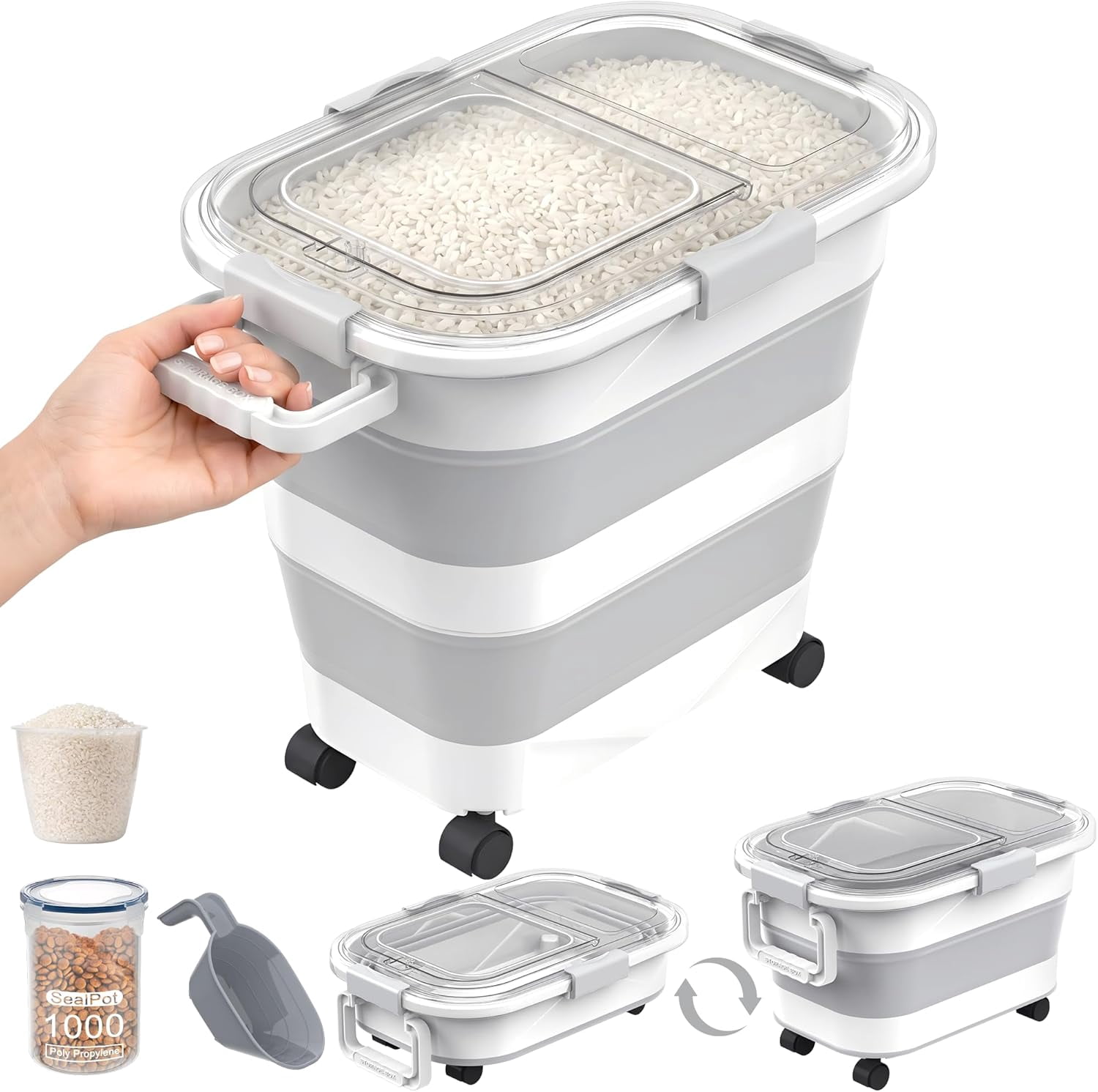 30 Lbs Rice Storage Container with Wheels, Collapsible Airtight Dog ...
