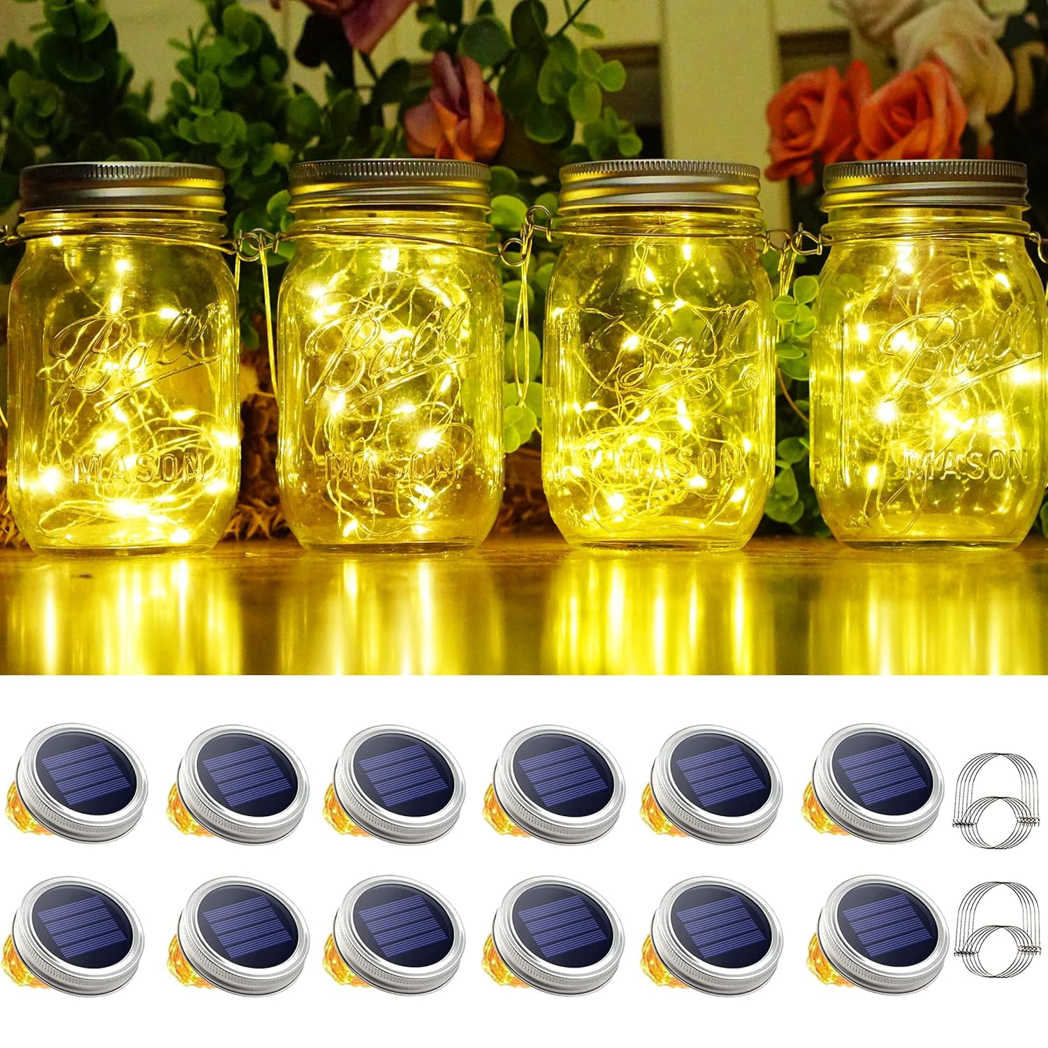 30 Led 12 Packs Solar Lights Mason Jars Lids String Fairy Firefly ...