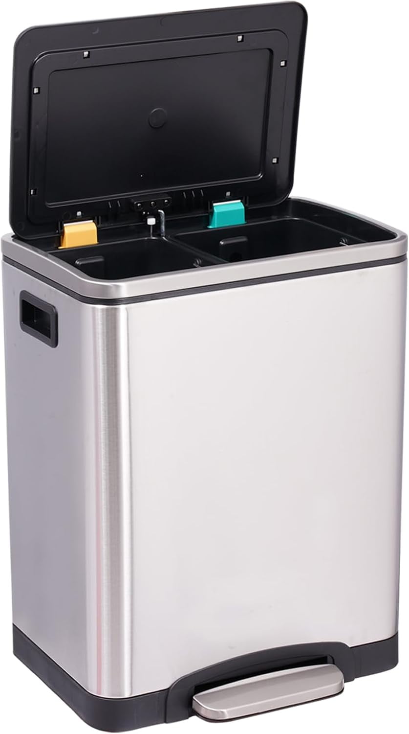 30 Liter/8 Gallon Dual Compartment Trash Can, Rectangle Stainless Steel ...
