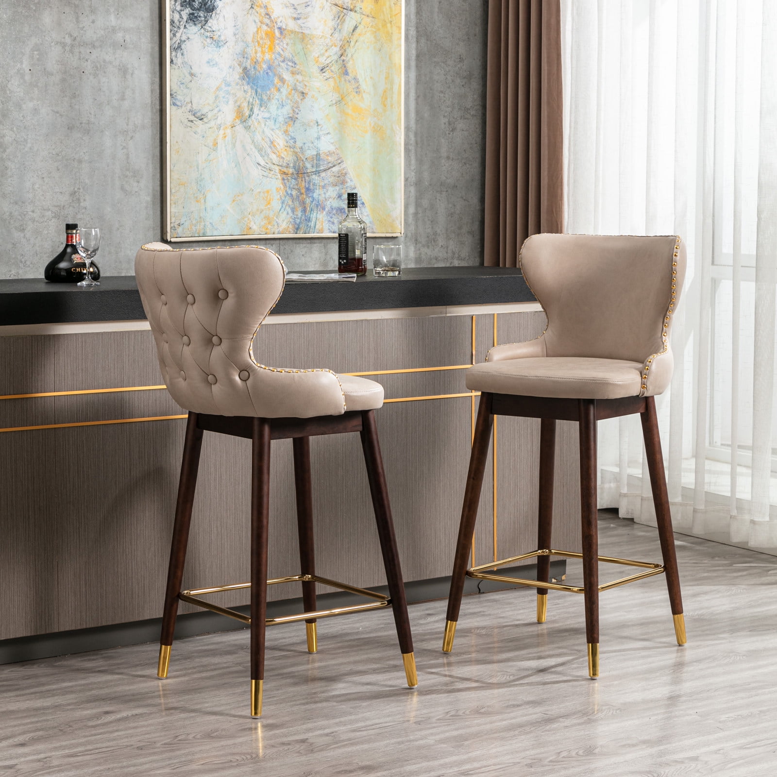 Elegant 30” Modern Leather Upholstered Bar Chairs with Wood Legs ...