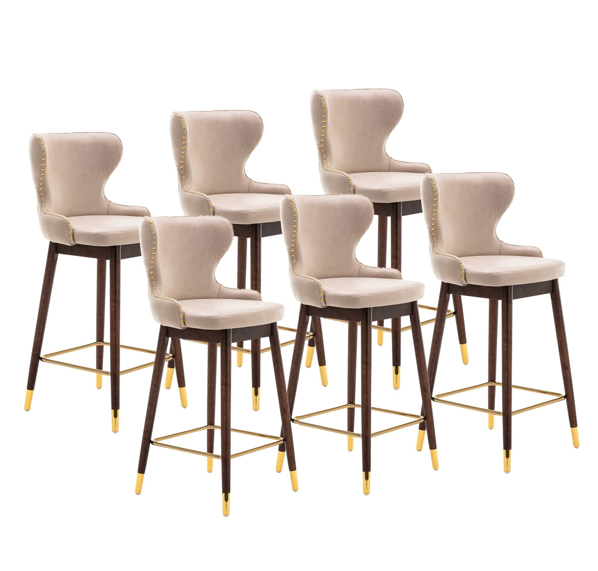 30” Counter Height Modern Bar Chairs, Wood Legs, PU Leather, Gold ...
