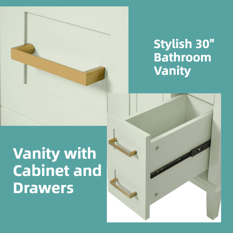 30" Modern Bathroom Vanity - Gold Handles, Ceramic Sink, Soft-Close ...