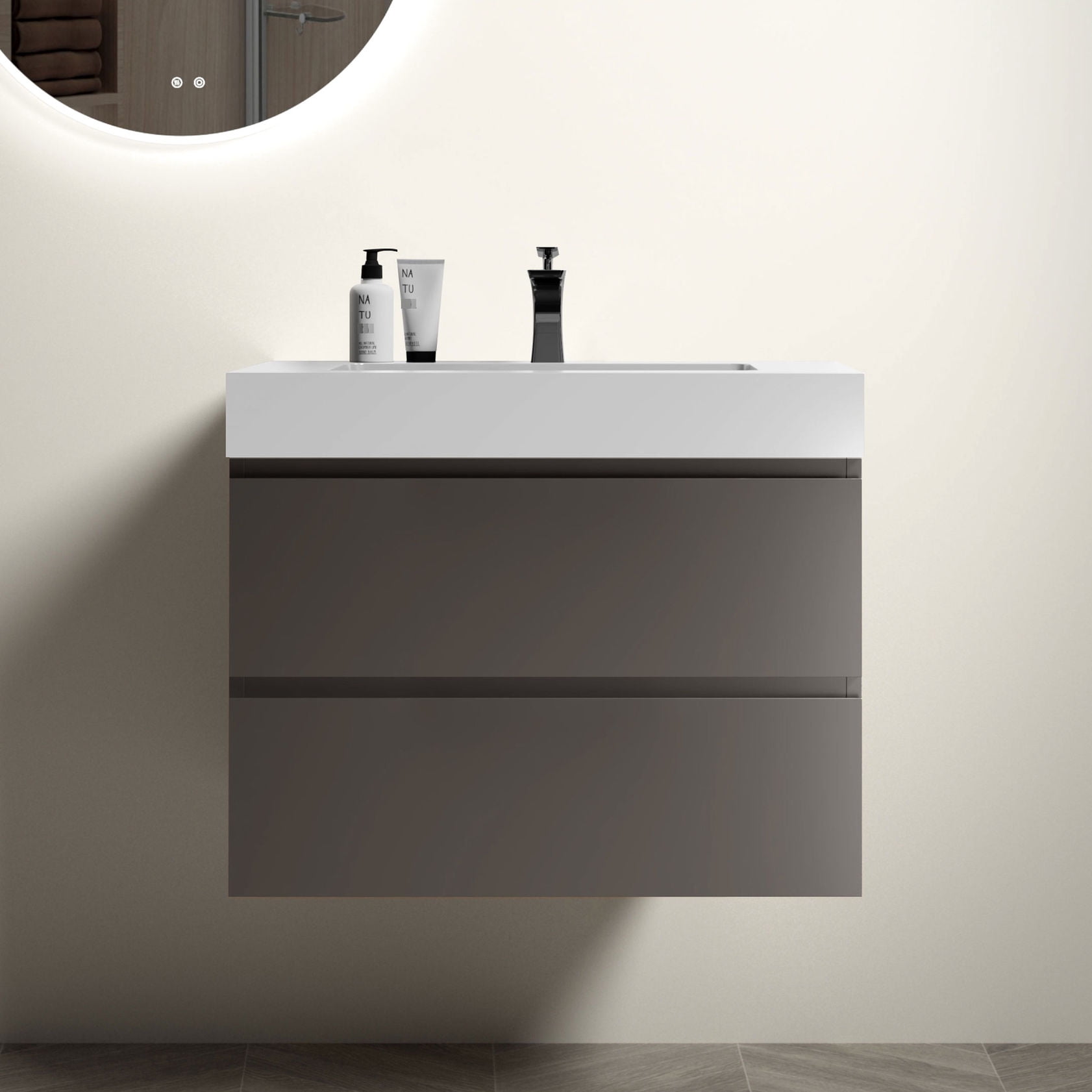 30" Modern Gray Floating Vanity with White Sink | Large Storage, Soft ...