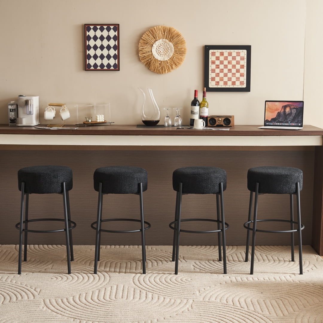 30" Modern Round Bar Stools Set of 2, Upholstered, Black Legs, for ...