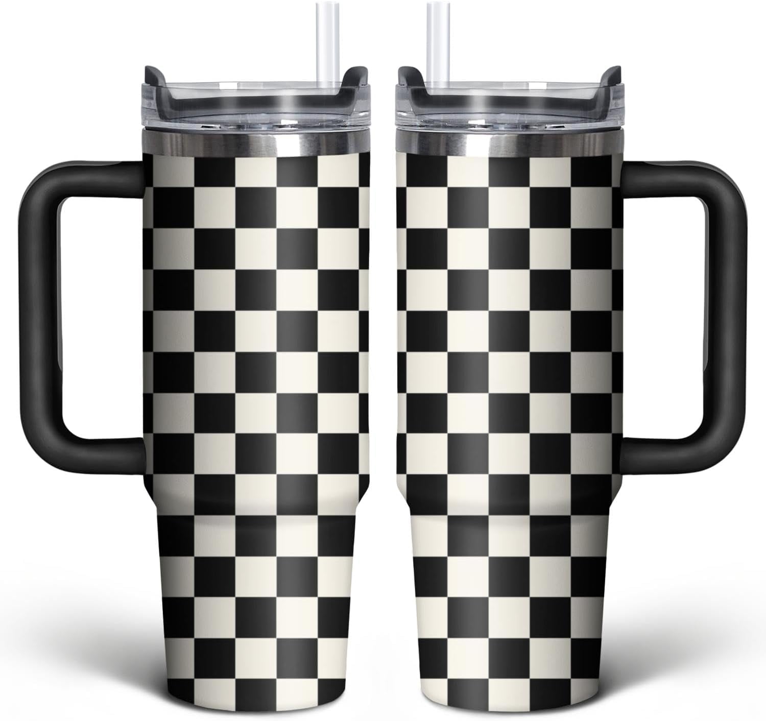 30 Oz Black and white Checkered Tumbler with Handle Lid and Straw ...