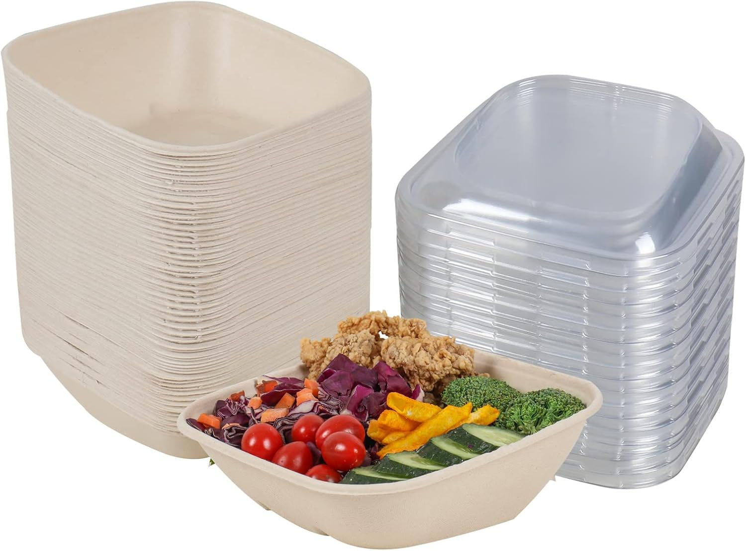 30 Oz Disposable Salad Bowls with Lids, Sugarcane Fiber Paper Bowls ...