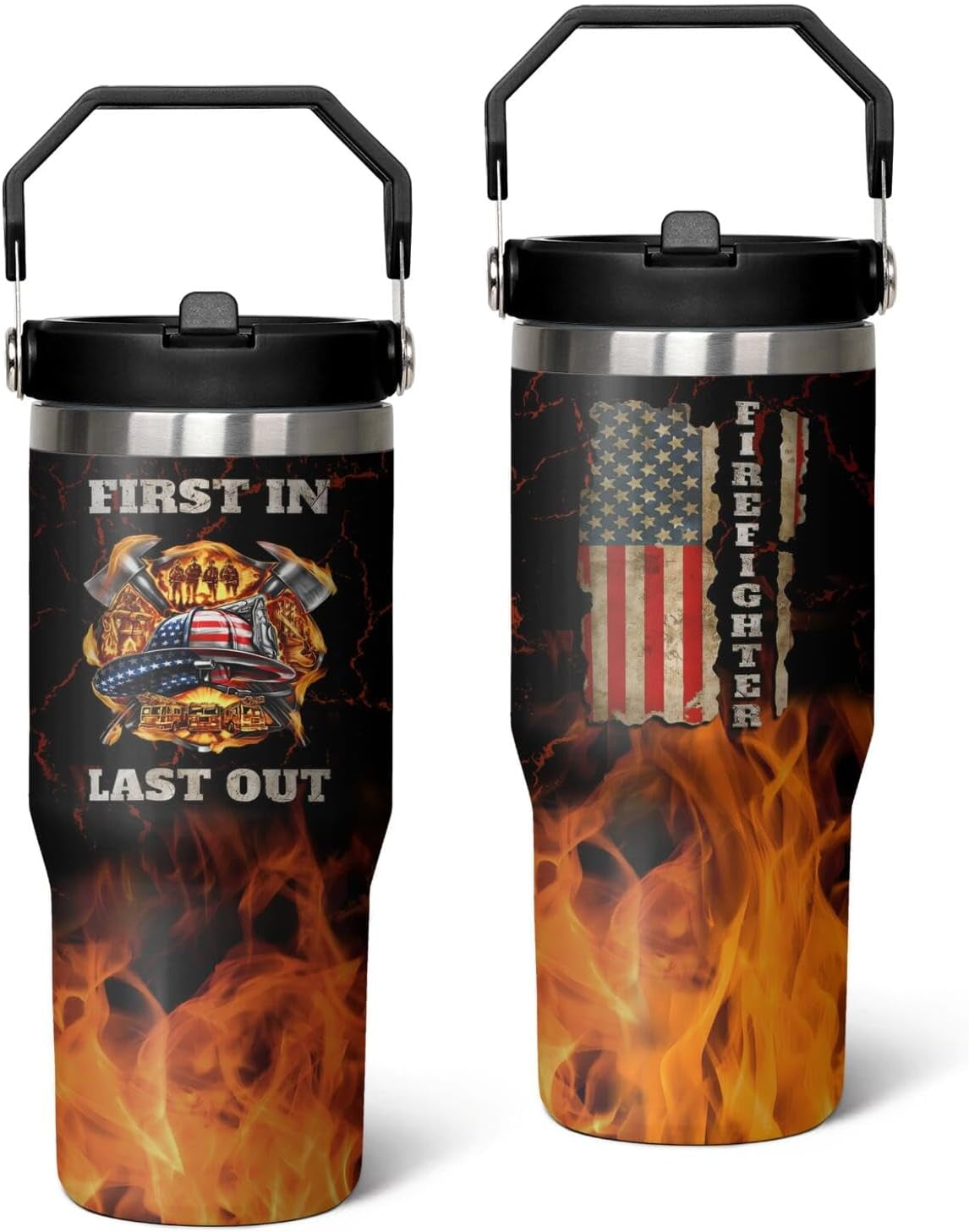 30 Oz Firefighter Tumbler with Handle and Straw, Stainless Steel ...