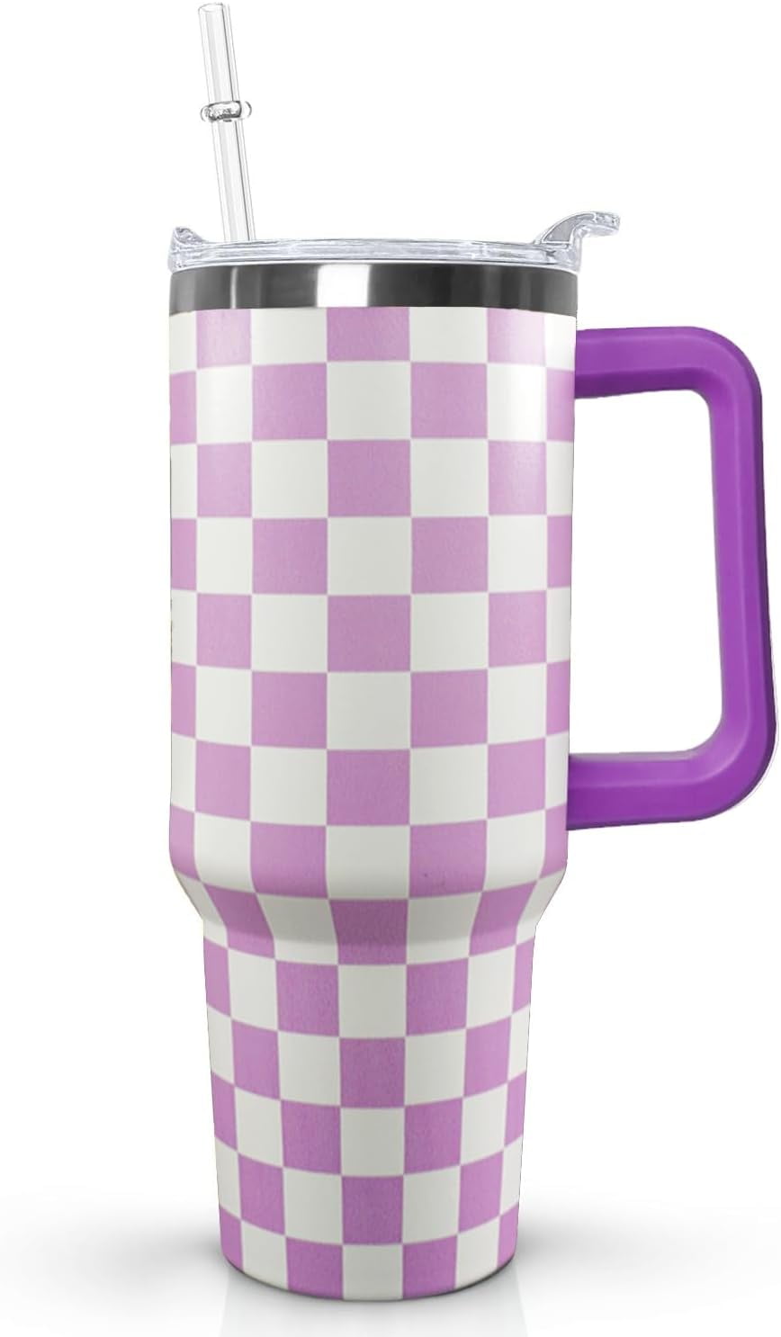 30 Oz Purple Checkered Tumbler with Handle Lid and Straw, Purple ...