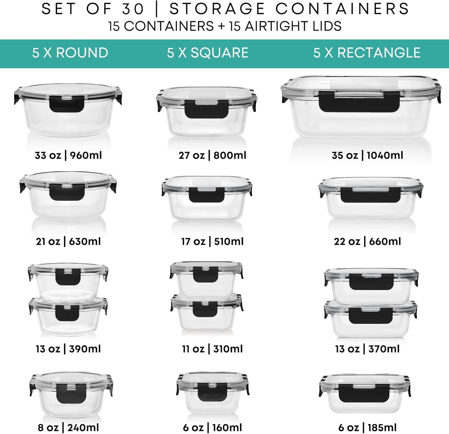 30 PC Glass Food Storage Containers with Airtight Lids - Reusable Meal ...