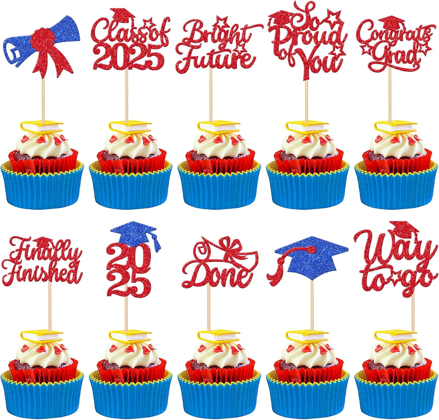 30 PCS 2025 Graduation Cupcake Toppers Glitter Diploma Congrats Grad ...