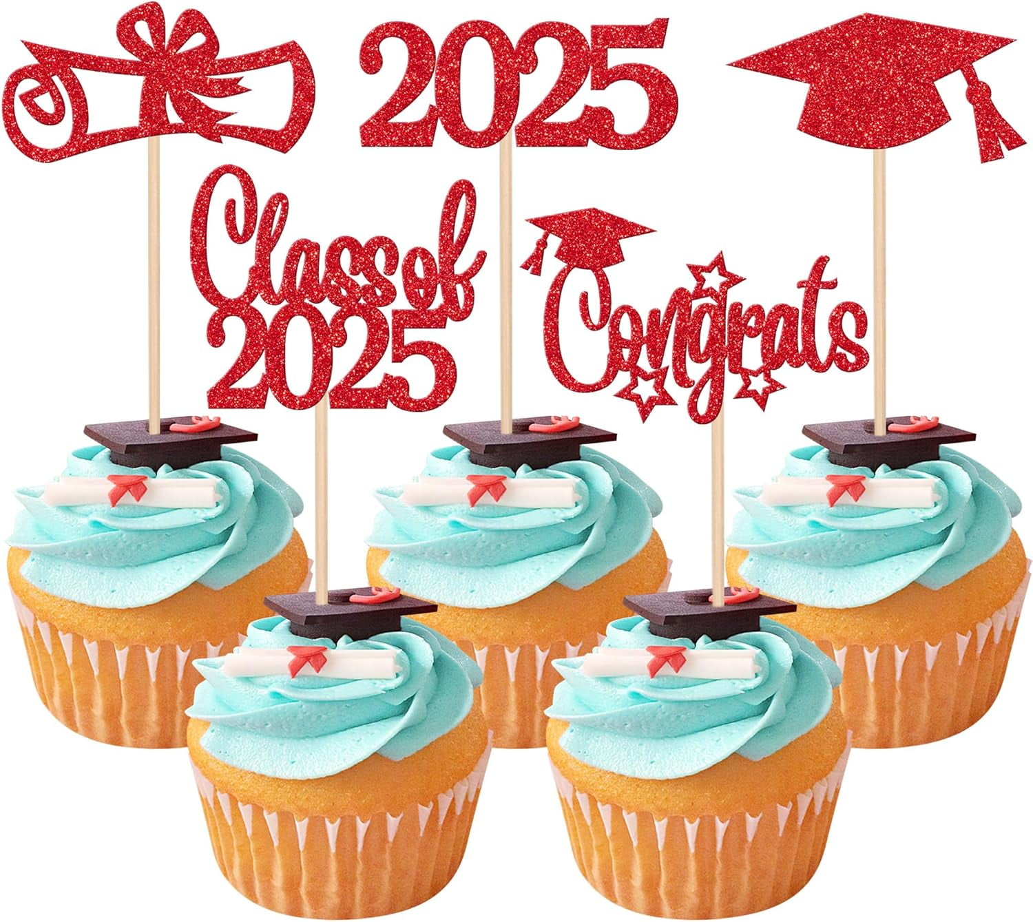 30 PCS 2025 Graduation Theme Cupcake Toppers Glitter Diploma Congrats ...
