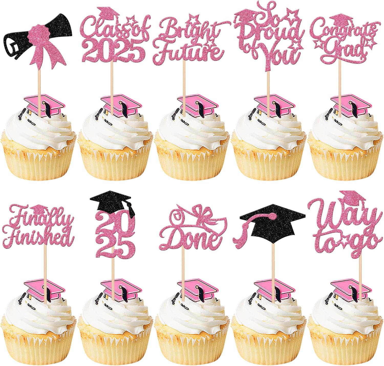 30 PCS 2025 Graduation Theme Cupcake Toppers - Glitter So Proud of You ...