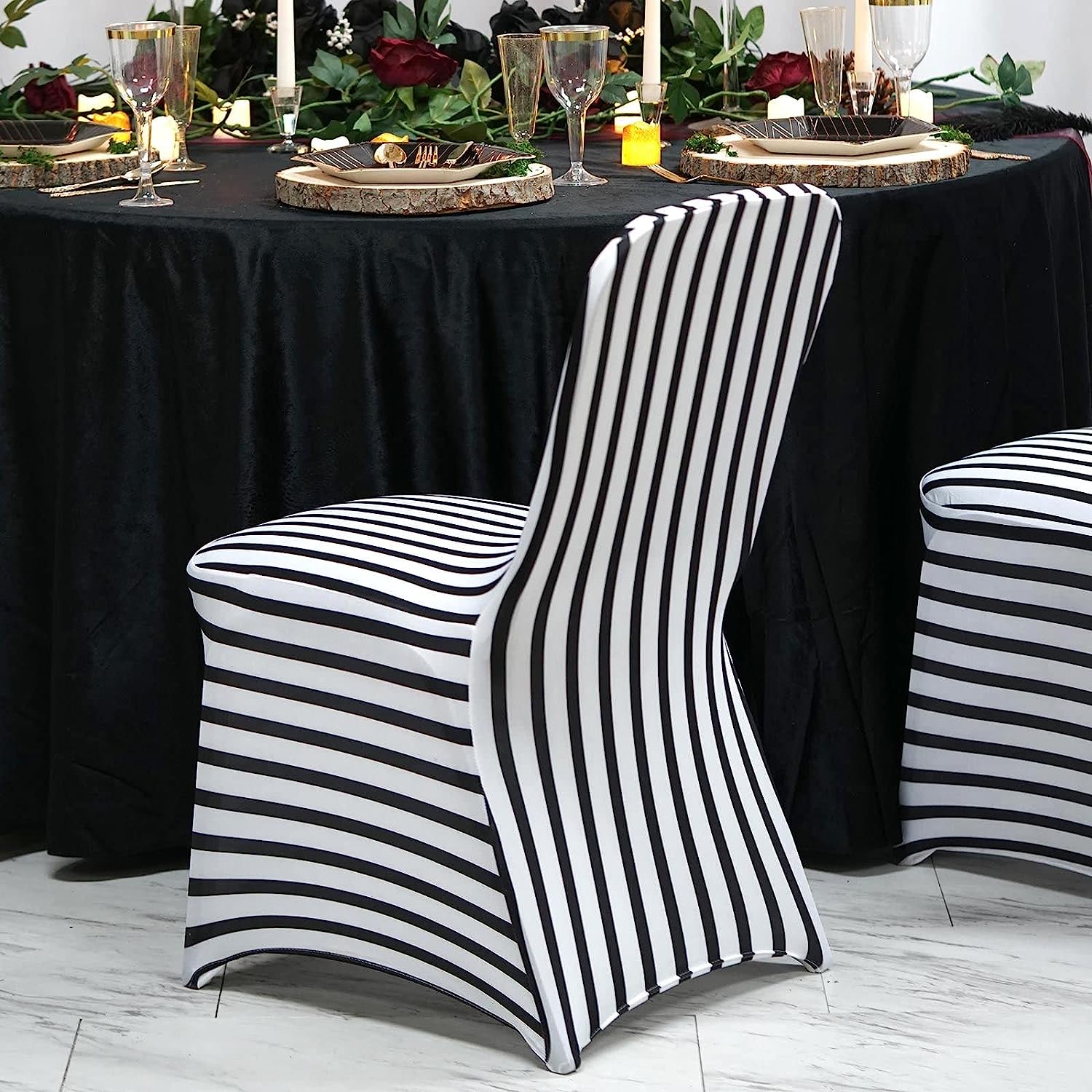 30 PCS Black/White Striped Spandex Stretch Banquet Chair Cover, Fitted ...