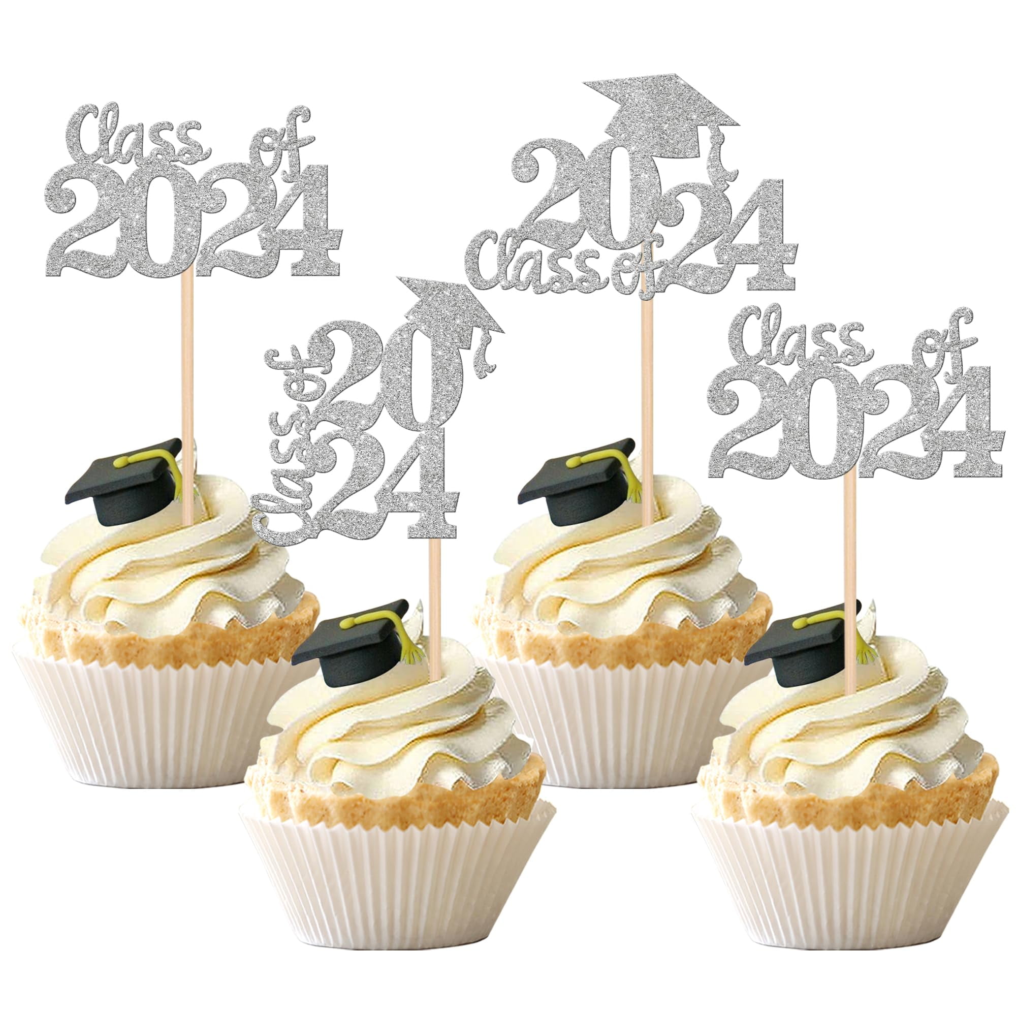30 PCS Class of 2024 Bachelor Cap Cupcake Toppers Glitter 2024 ...