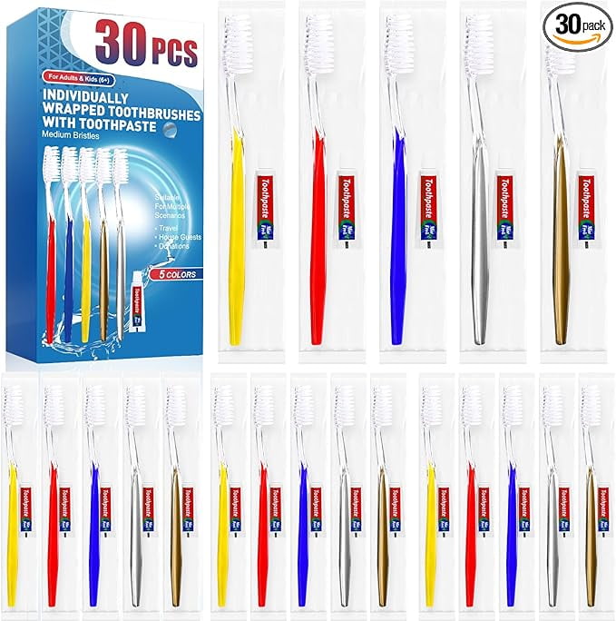 30 PCS Individually Wrapped Bulk Toothbrushes with Toothpastes ...