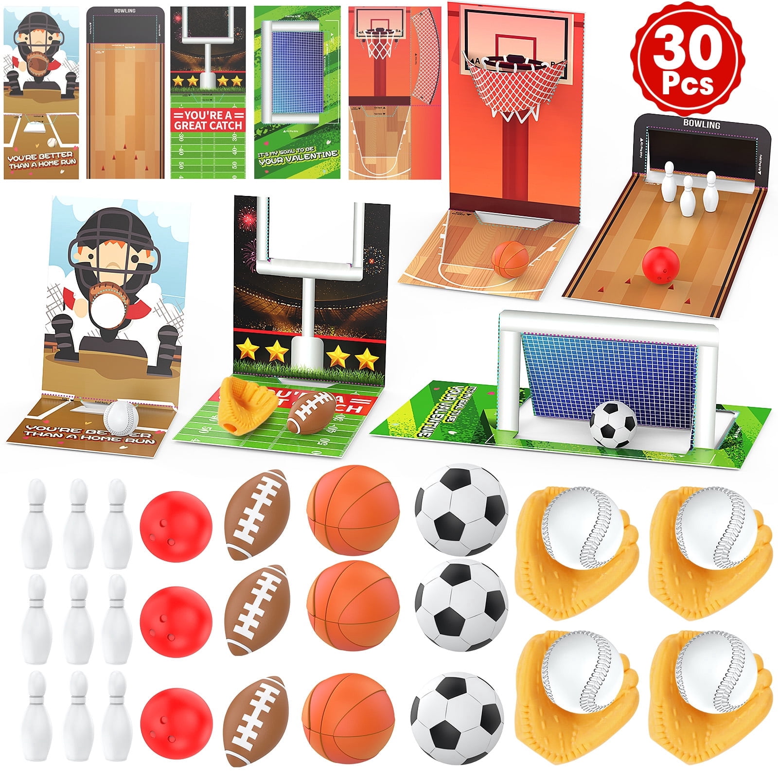 30 PCS Mini Sports Ball Eraser Valentines Cards for Kids Classroom ...