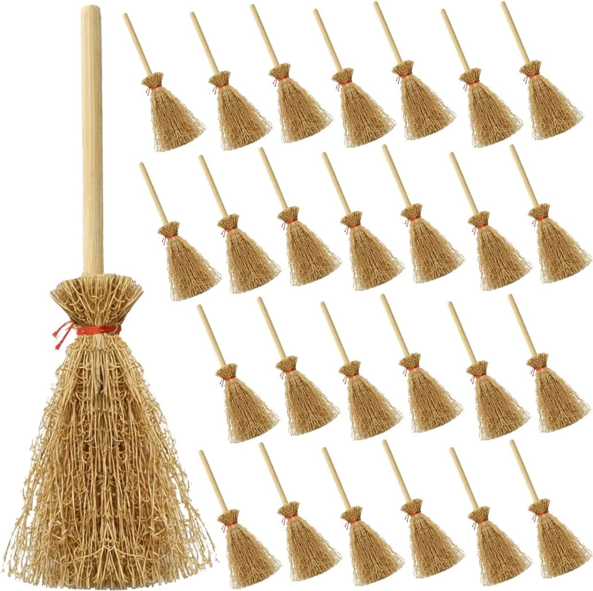 30 PCS Mini Straw Brooms with Red Ropes - Halloween Decor & Witch ...