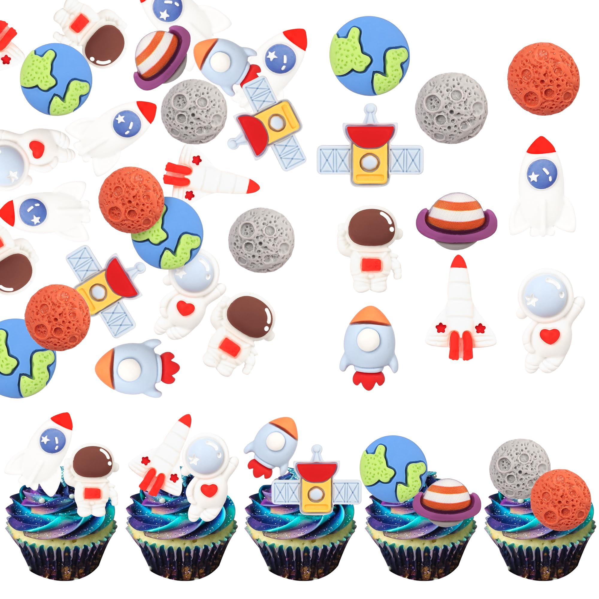 30 PCS OuterEGSC Space Cupcake Toppers Planet Rocket Spaceship Cupcake ...