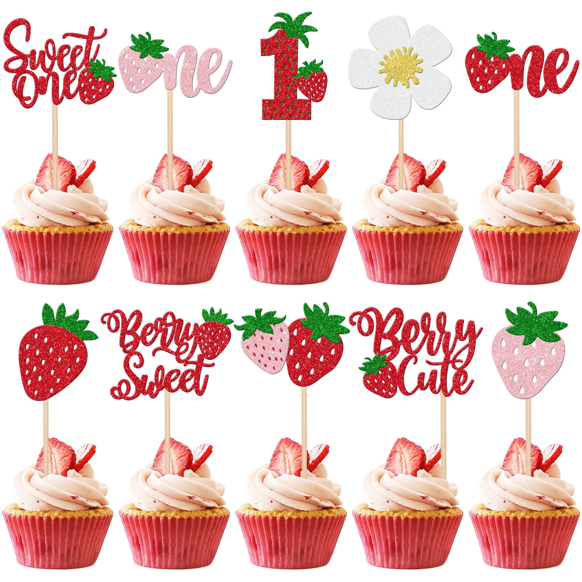 30 PCS SweetTRDN One Strawberry Cupcake Toppers Glitter Sweet Berry 1st ...