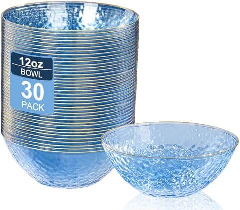 30 Pack 12 Ounce Blue Plastic Bowls Hammered Clear Bowl with Gold ...