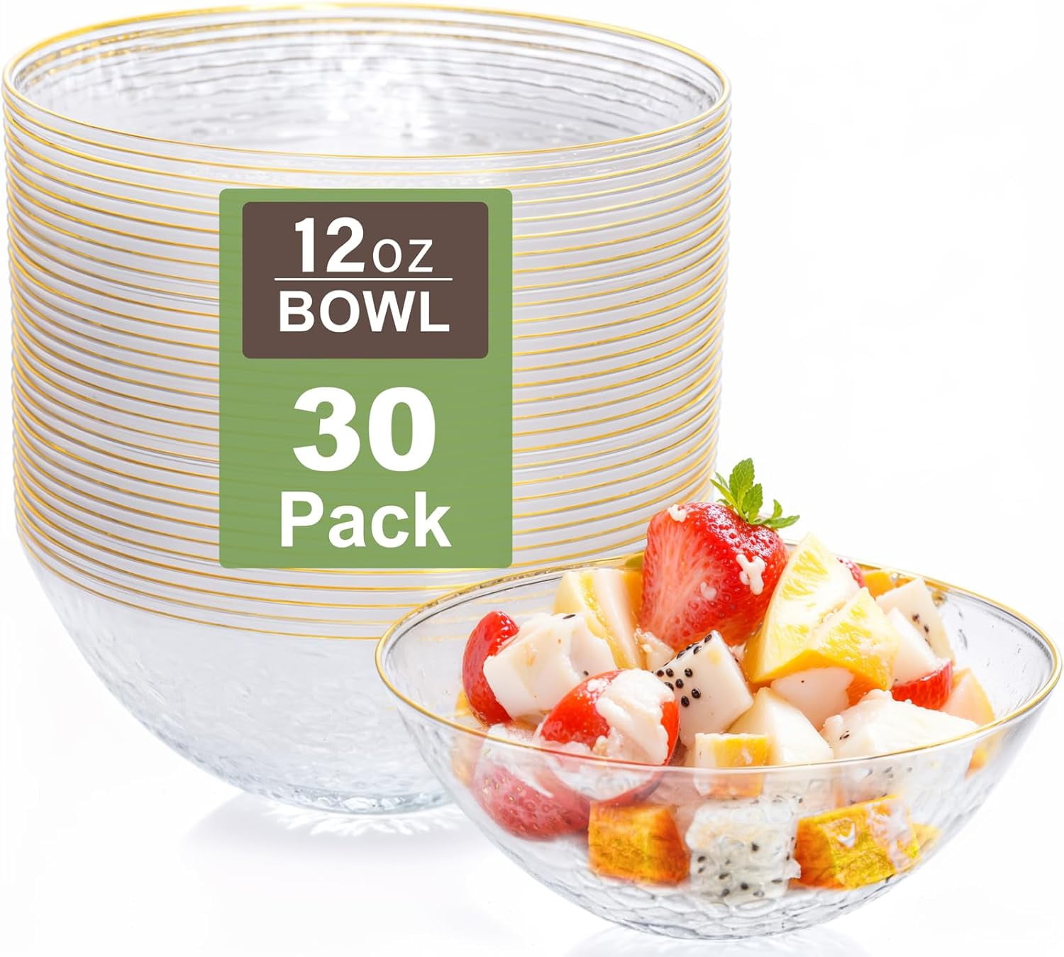 30 Pack 12 Ounce Clear Plastic Bowls Serving Bowls Hammered with Gold ...