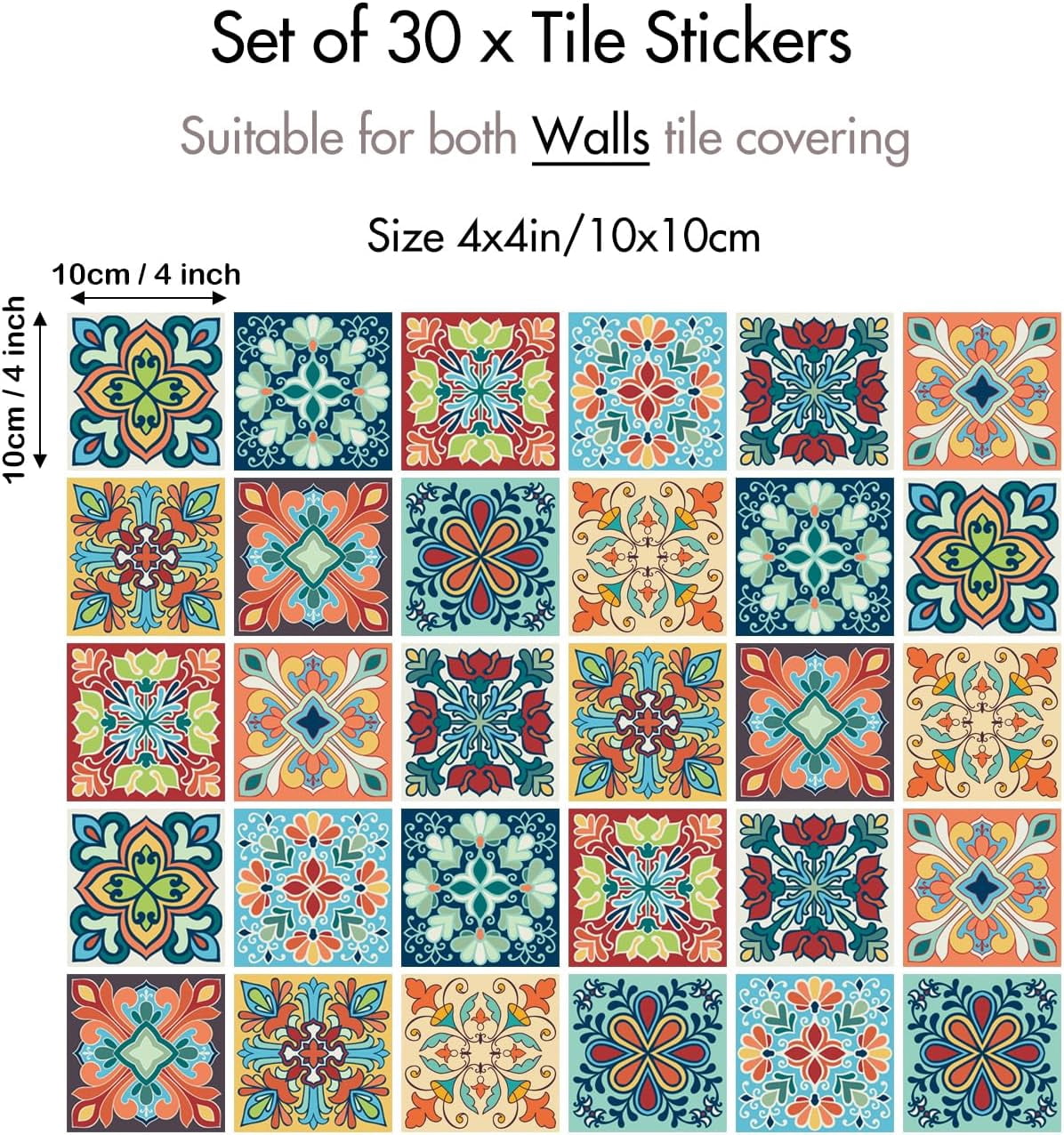 30 Pack, 4x4 Inch Colorful Bohemian Tile Stickers, Peel and Stick ...