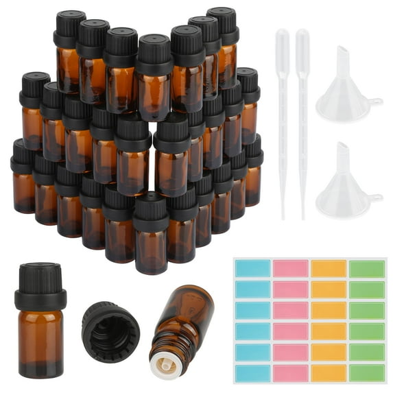 30 Pack 5ml Brown Glass Essential Oil Bottles Refillable Container Kits with Plastic Droppers ...