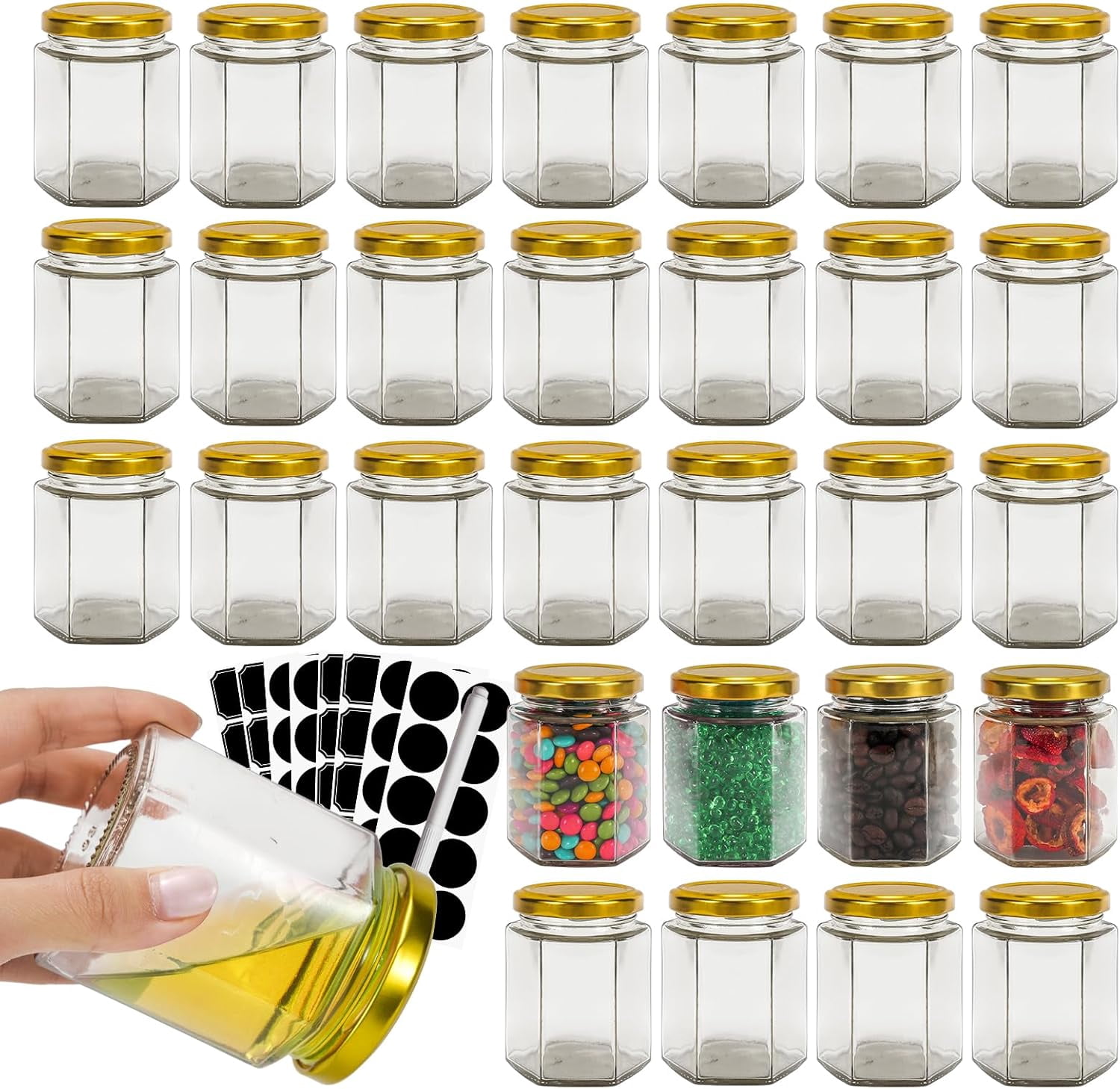 30 Pack 6 oz Hexagon Glass Jars with Gold Lids,Glass Canning Jars with ...