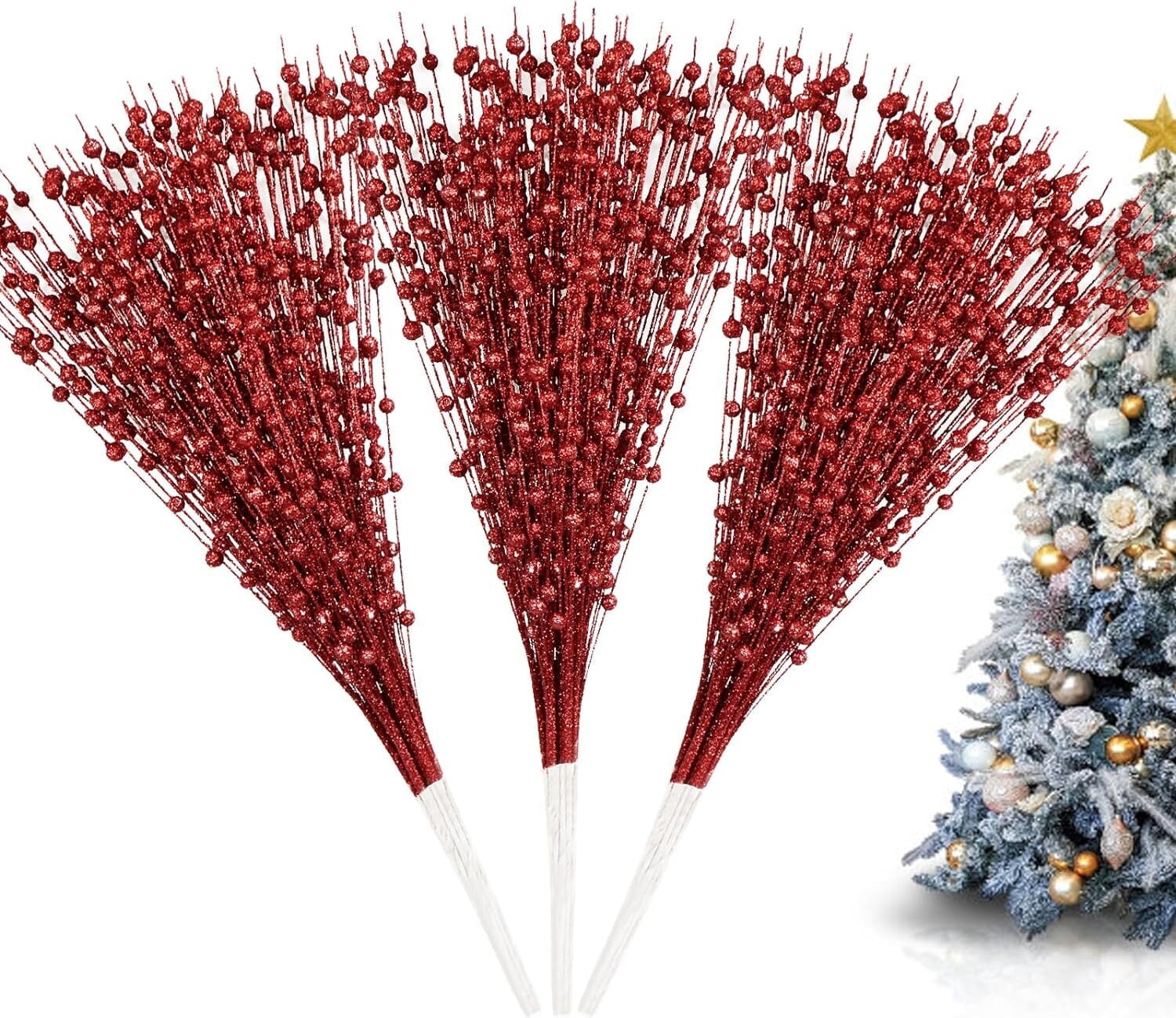 30 Pack Artificial Glitter Berry Stem Ornaments 15.7in Decorative ...