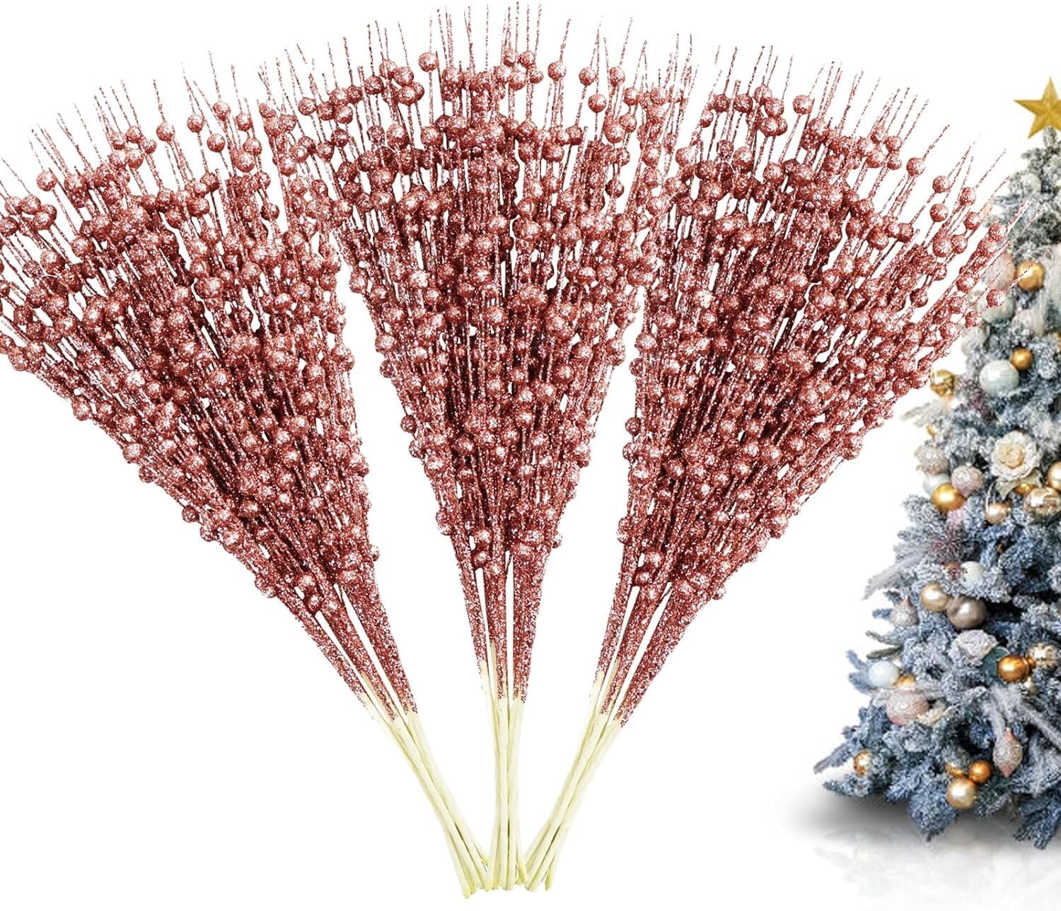30 Pack Artificial Glitter Berry Stem Ornaments 15.7in Decorative ...