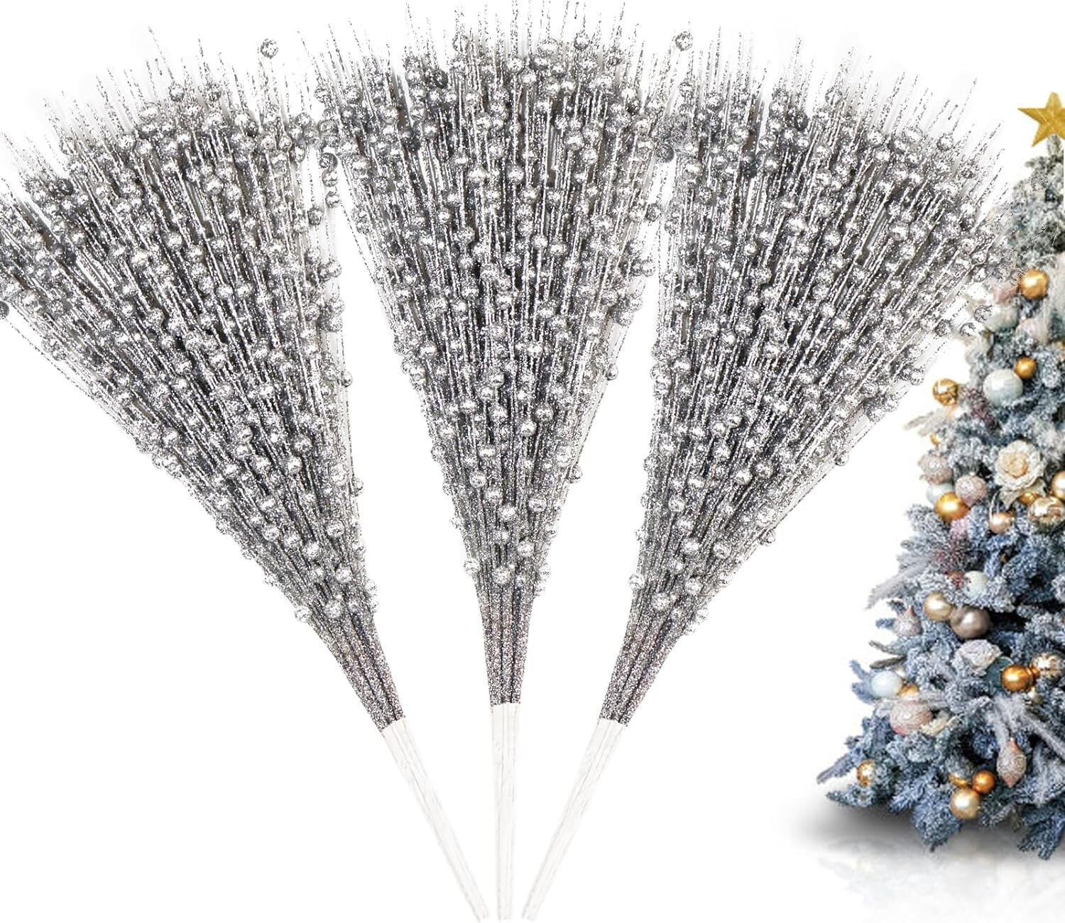 30 Pack Artificial Glitter Berry Stems, 15.7 Inch Artificial Christmas ...