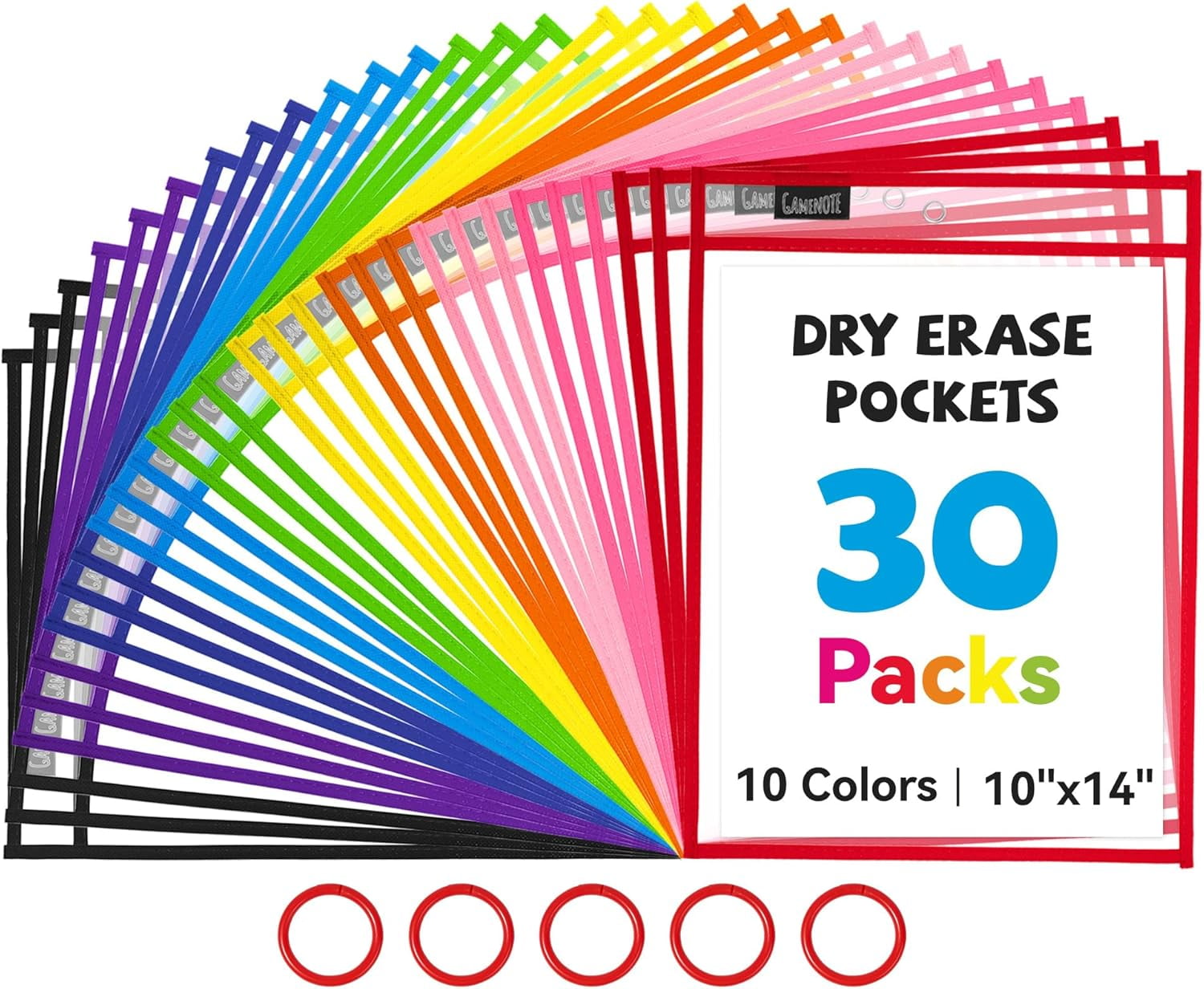 30 Pack Dry Erase Pockets with 5 Rings, 10 Assorted Colors 10x14 ...