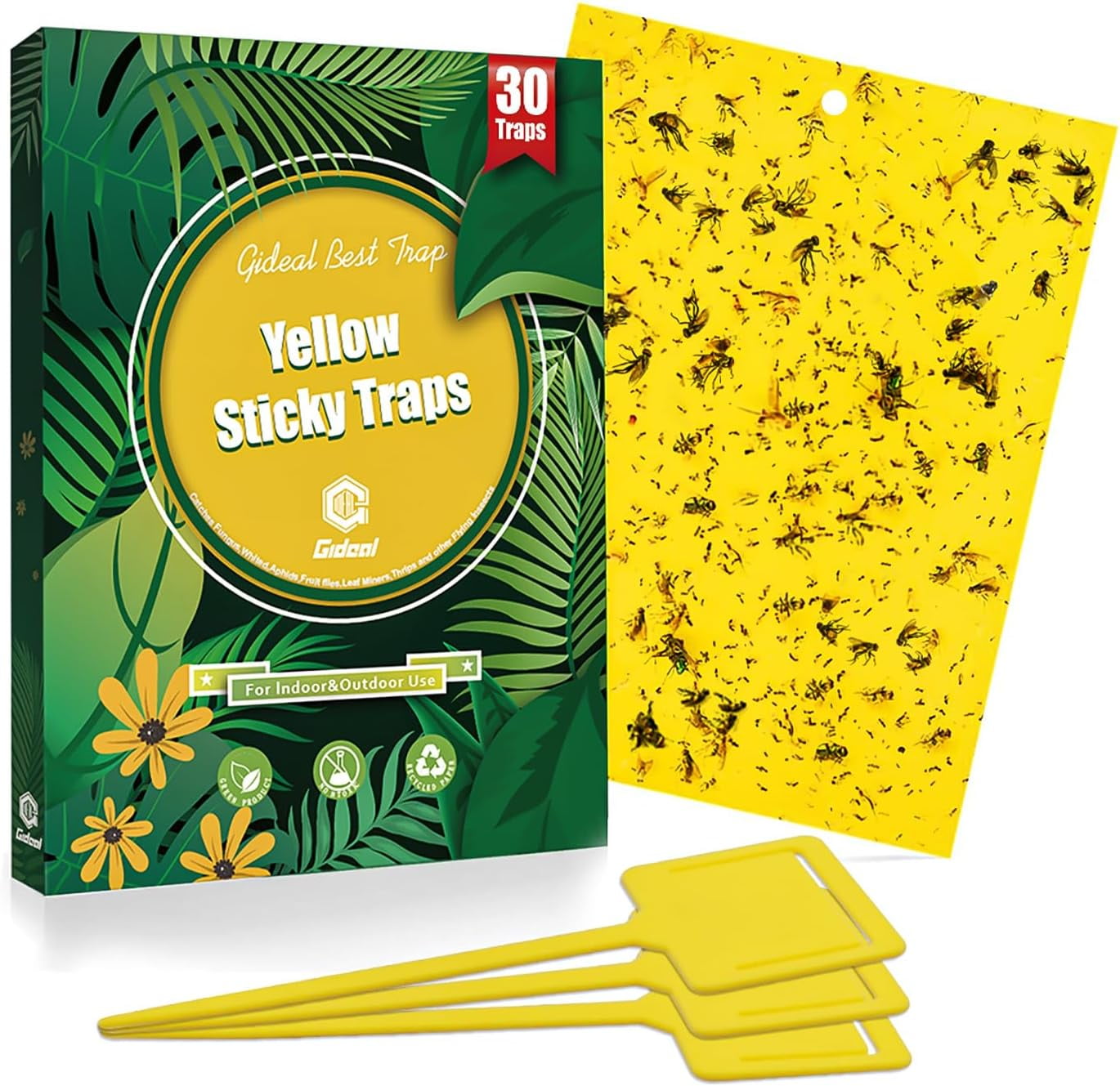 30-Pack Dual-Sided Yellow Sticky Traps for Indoor Outdoor Flying Plant Insect Fungus Gnats ...