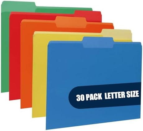 30 Pack File Folder Letter Size Colored File Folders Manila 1/3-Cut Tab ...