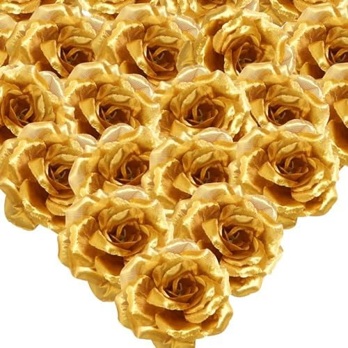 30 Pack Gold Roses Artificial Flowers, 3 Inch Fake Silk Gold Roses Head ...