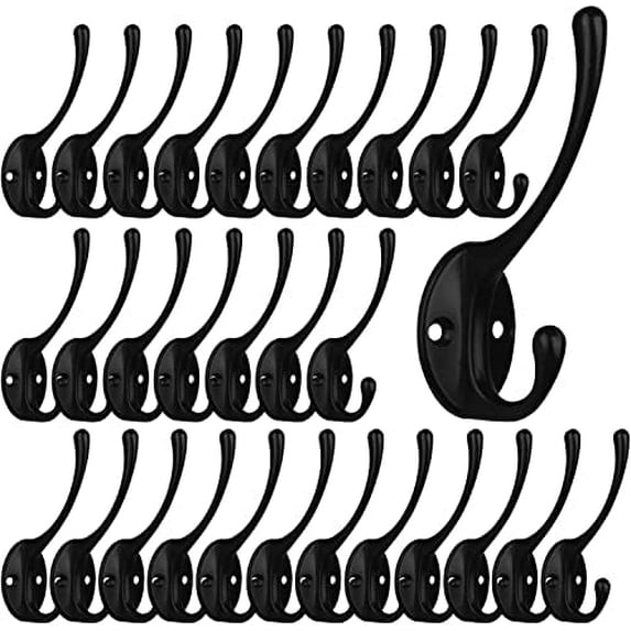 30 Pack Heavy Duty Dual Coat Hooks Wall Mounted with 60 Screws Retro Double Hooks Utility Black ...