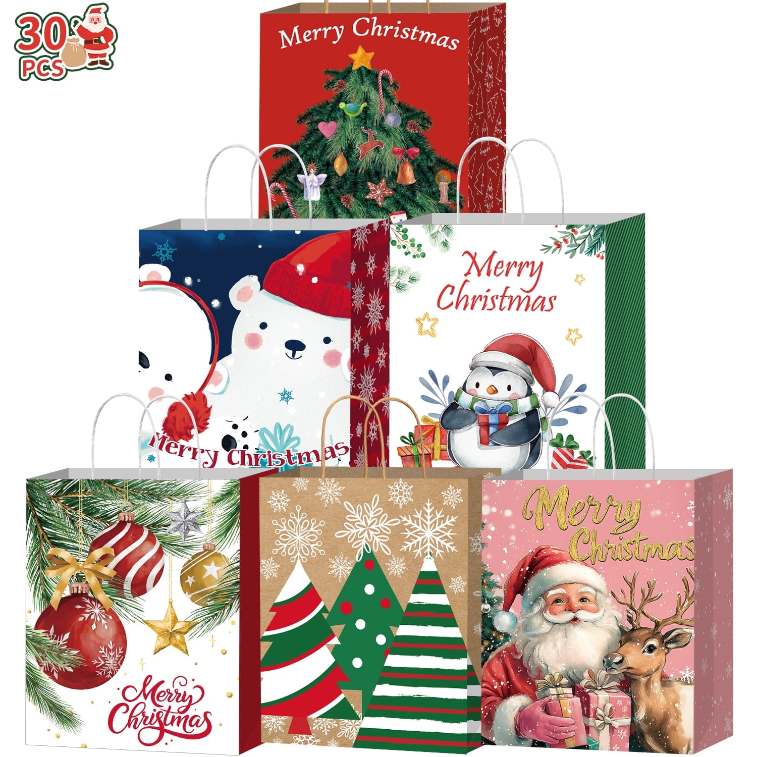 30 Pack Large Christmas Bags with Handles, Christmas Paper Bags ...