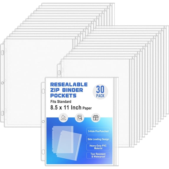 30 Pack Letter Size Binder Pockets for 3 Ring Binder, Resealable Zip ...