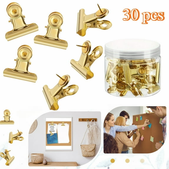 30-Pack No-Hole Push Pin Clips, Gold Metal Thumb Tacks with Clips for ...