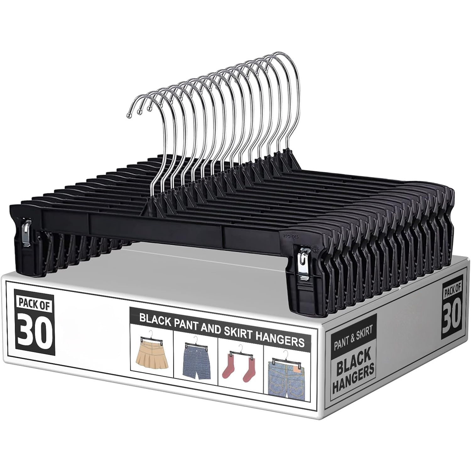 30 Pack Pants Hangers – 12 Inch Slim Plastic Clothes Hangers with Clips ...