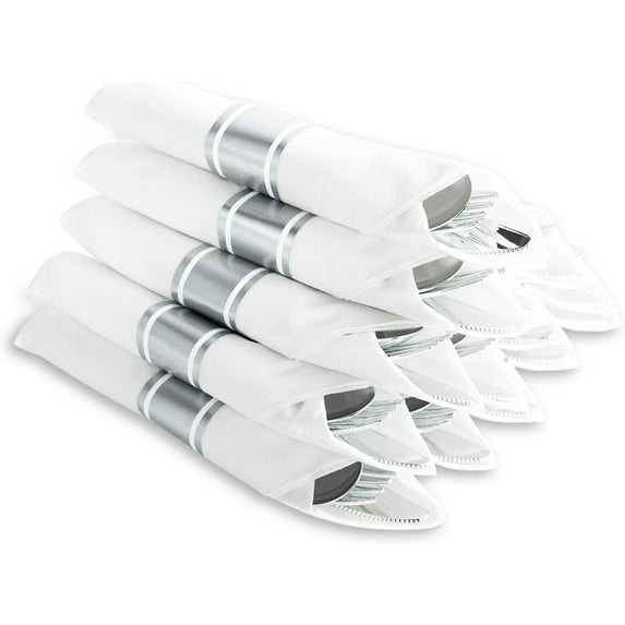 30 Pack Pre Rolled Silver Plastic Cutlery Set, Wrapped Plastic ...