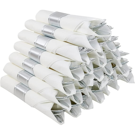 30 Pack Pre Rolled Silver Plastic Silverware, Disposable Cutlery Set ...