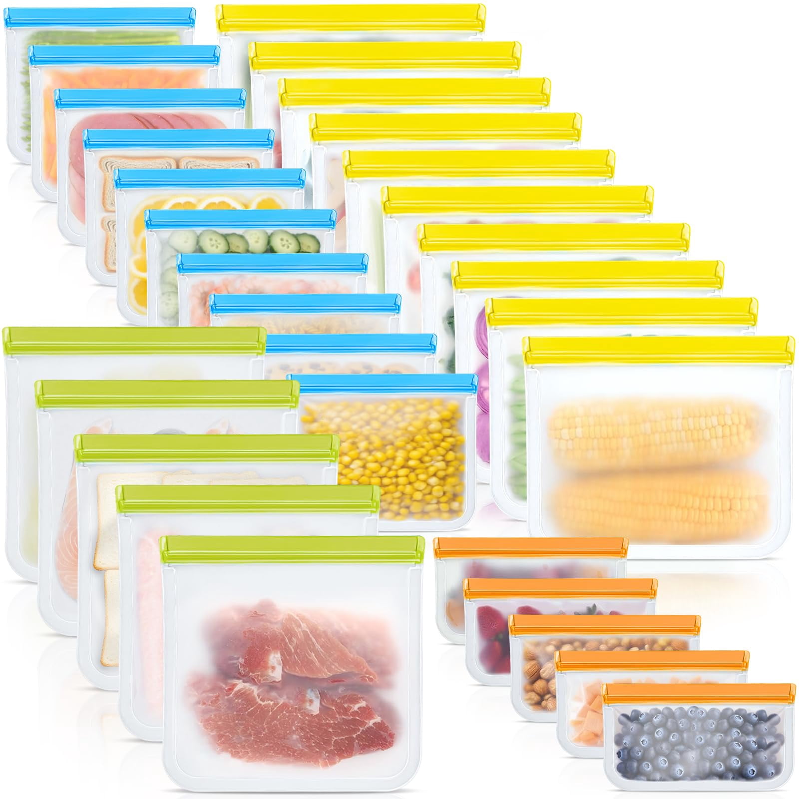 30 Pack Reusable Silicone Food Storage Bags Multicolor(5 Snack + 10 ...