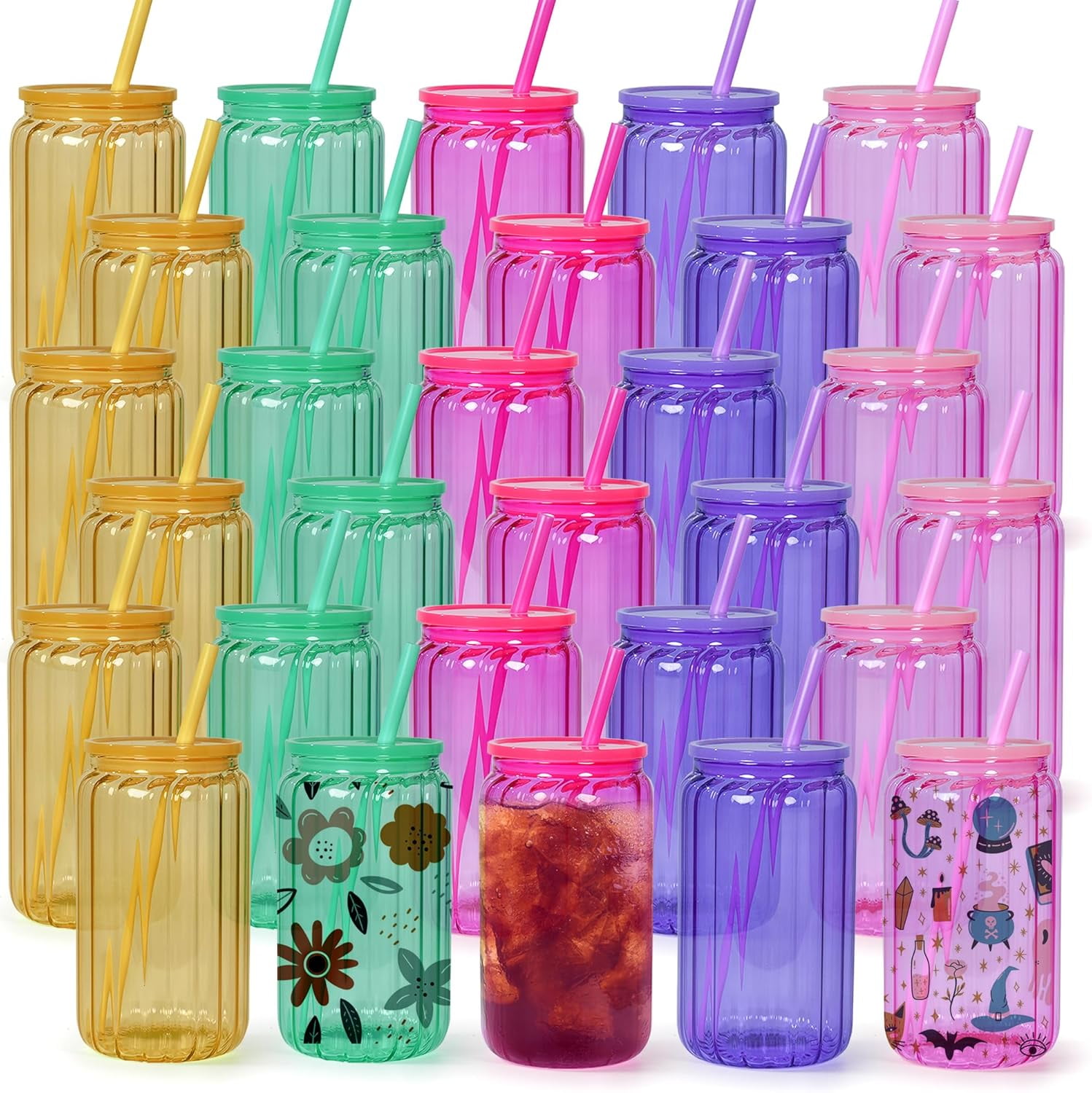 30 Pack Sublimation Glass Cups with Lids and Straws 16 oz Colorful ...