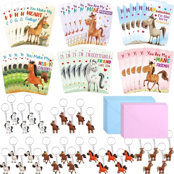 30 Pack Valentines Cards Classroom Kids Horse Day with Keychains ...
