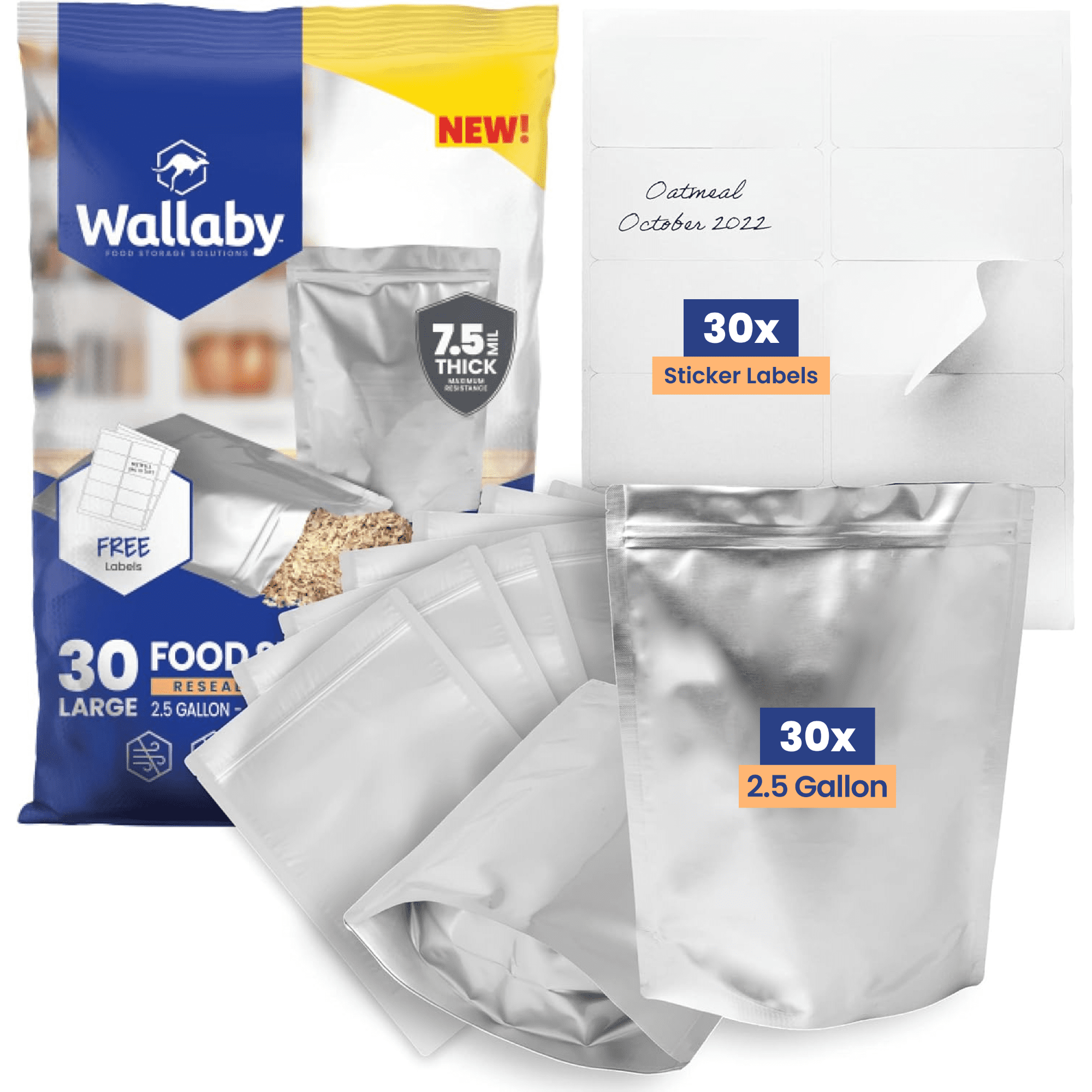Wallaby Large Food Storage Zipper Pouches, 2.5-Gallon Gusset Mylar Bag ...