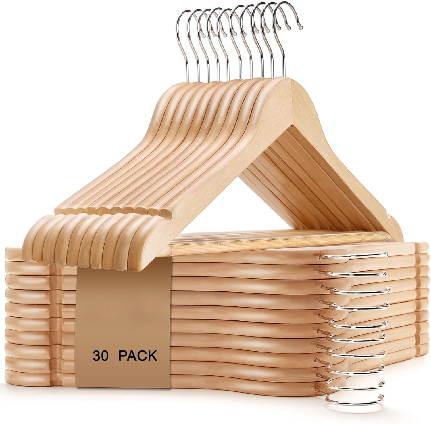 30 Pack Wooden Hanger, Natural Wooden Suit Hanger with Non-slip Pants ...