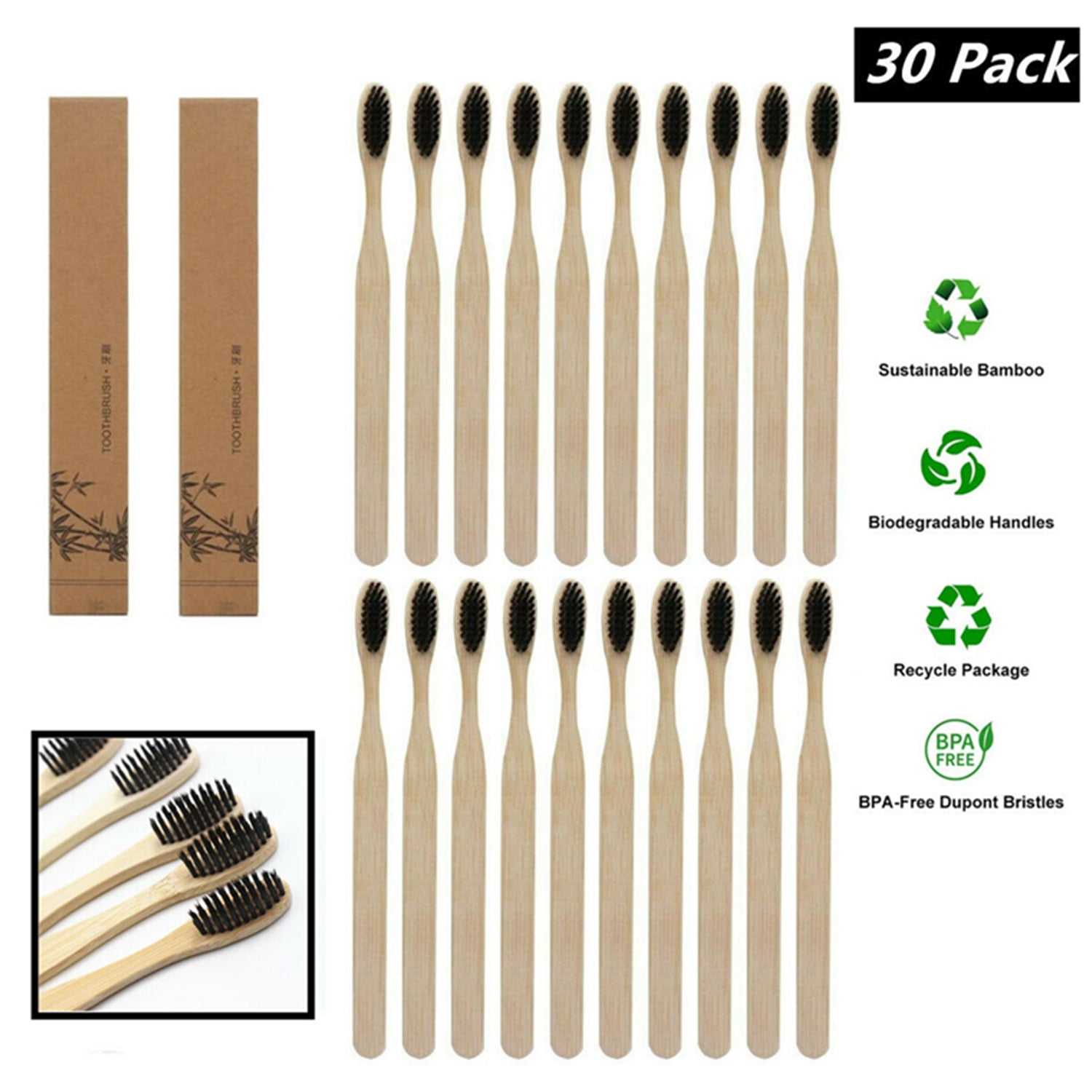30 Pack of Charcoal Bamboo Toothbrush, Adult, Organic Wooden Natural ...
