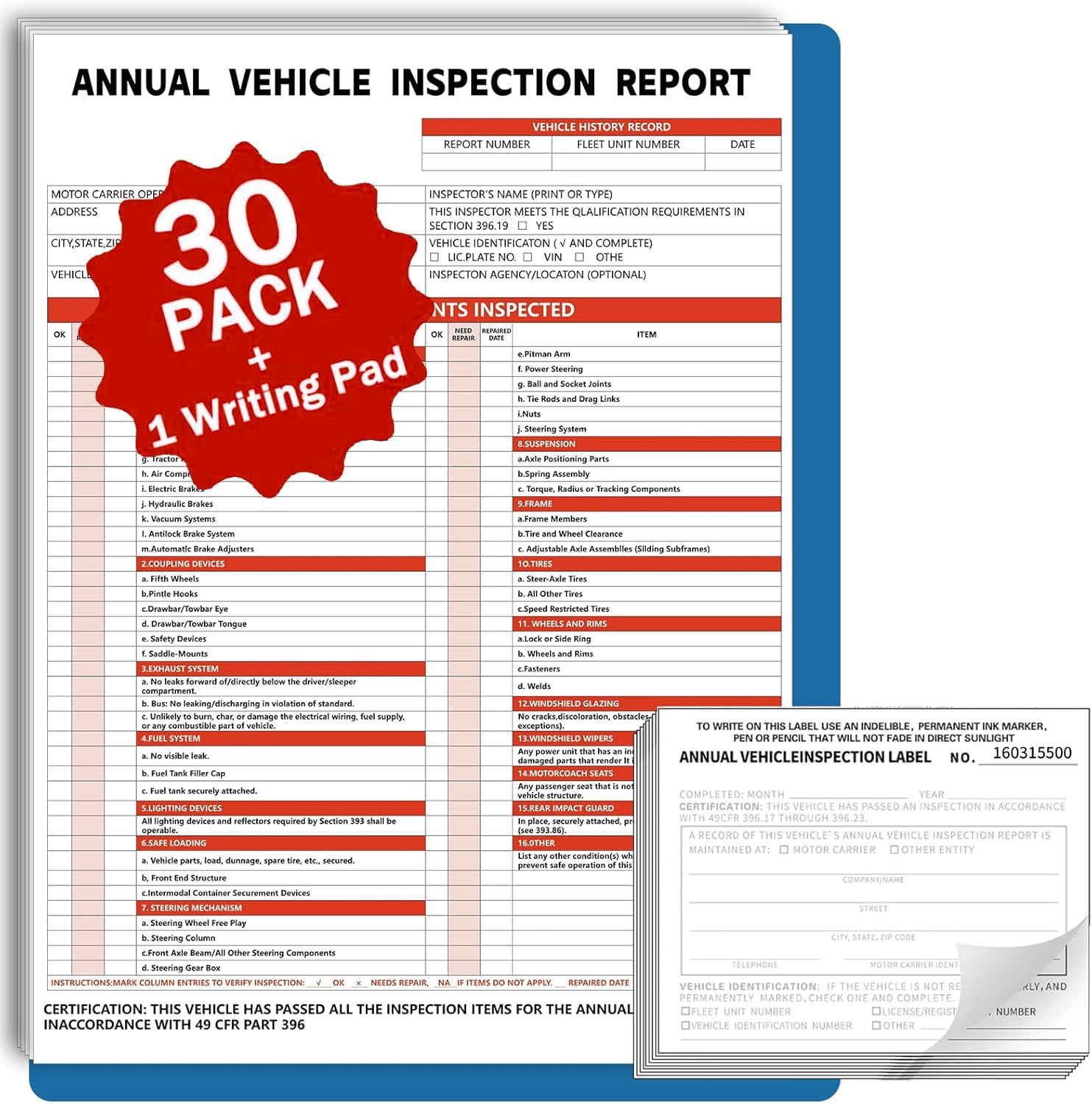 30 Packs Annual Vehicle Inspection Report Form and Label, 3-Layer ...