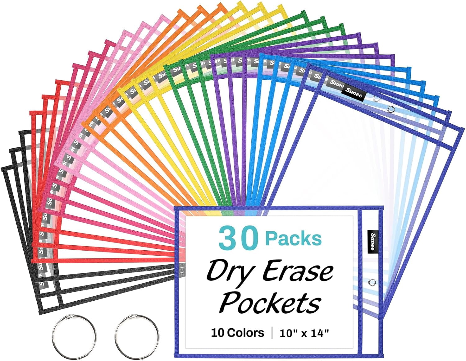 30 Packs Oversized Reusable Dry Erase Pocket Sleeves with 2 Rings, 10 ...